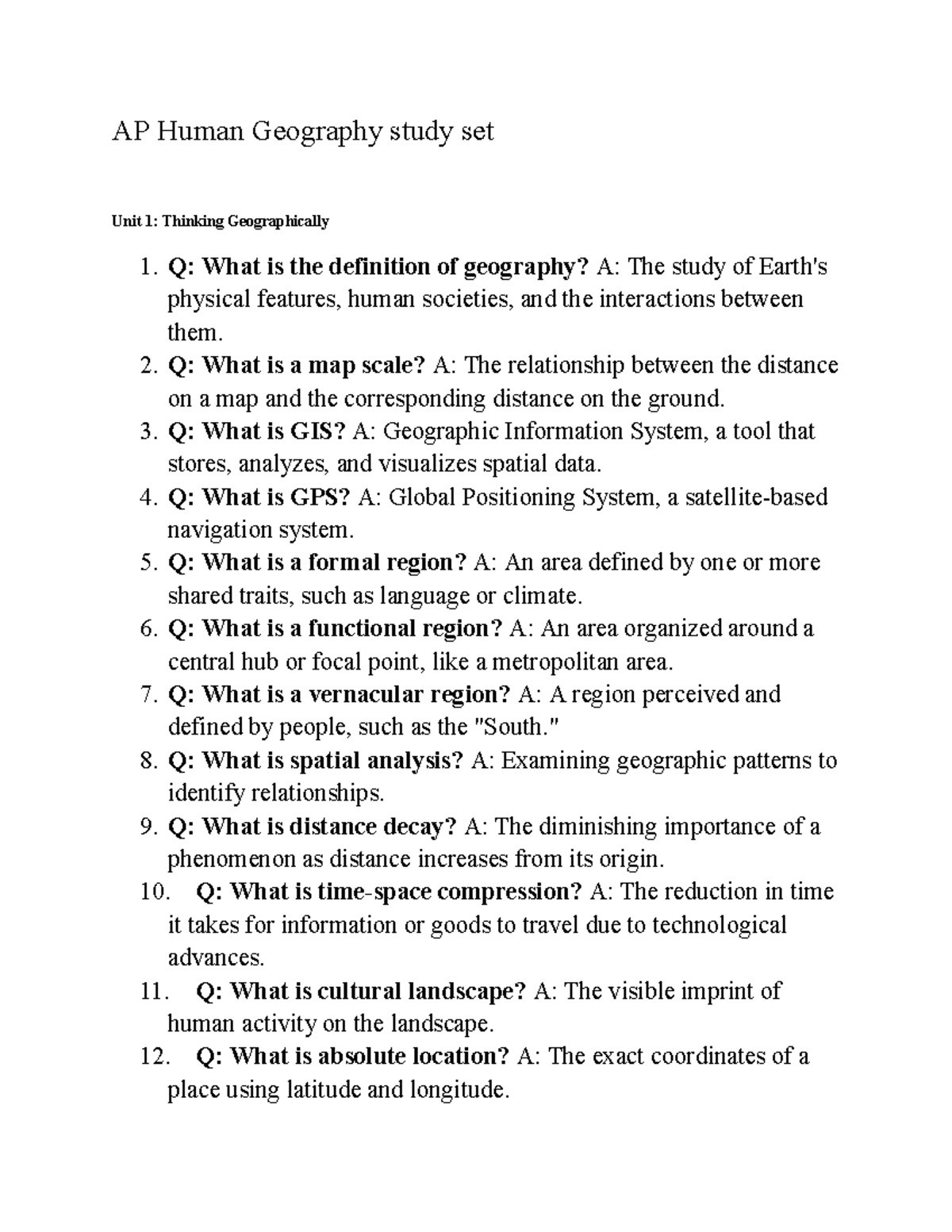 AP Human Geography Study Set: Key Terms & Definitions for Units 1-4 ...