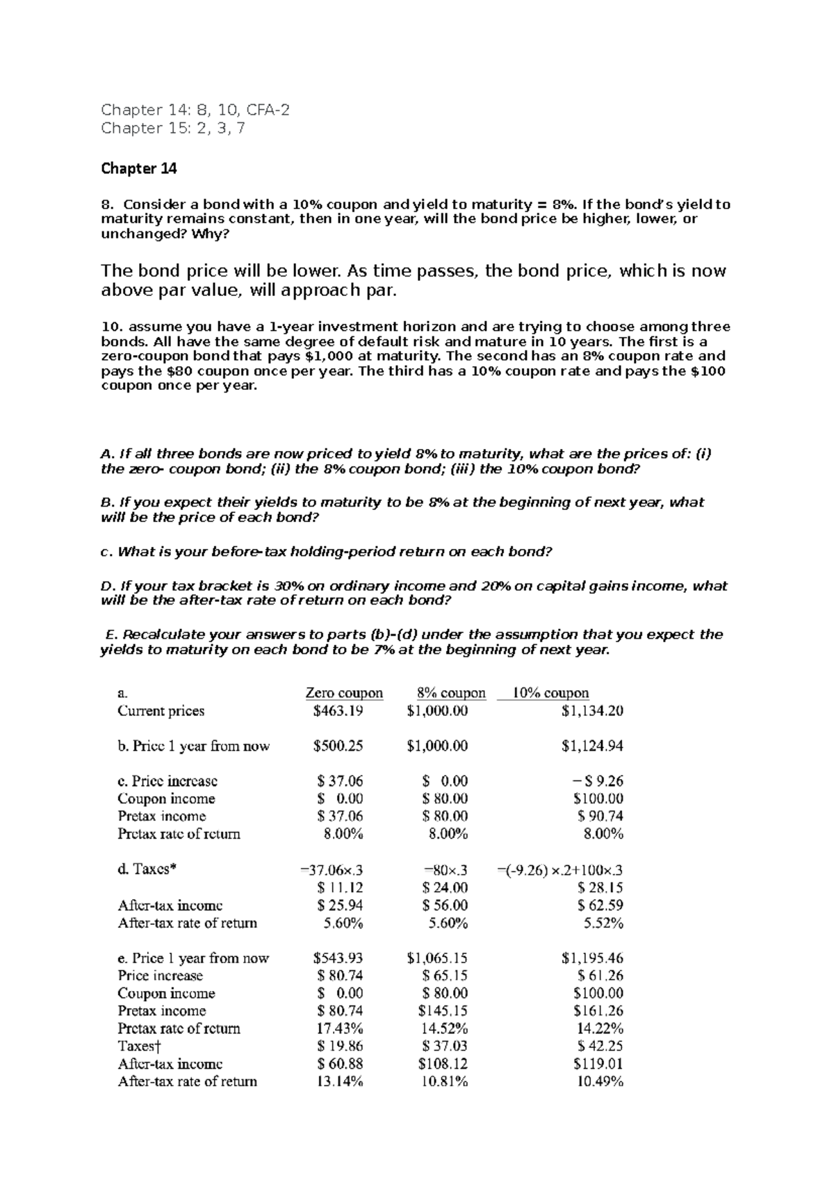 CFA 102: Week 8 Tutorial - Bond Calculations (Chapters 14 & 15) - Studocu