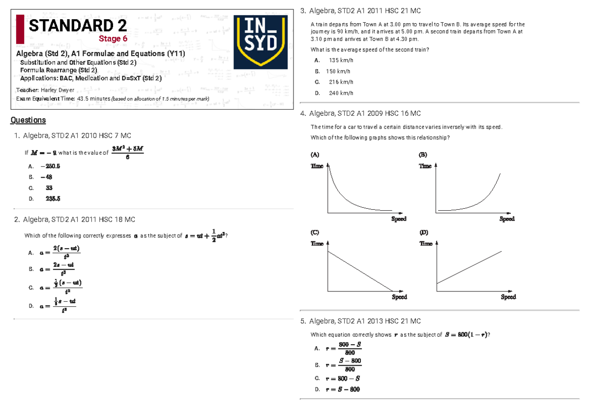 Algebra STD2 A1 HSC Exam Questions & Solutions - Studocu
