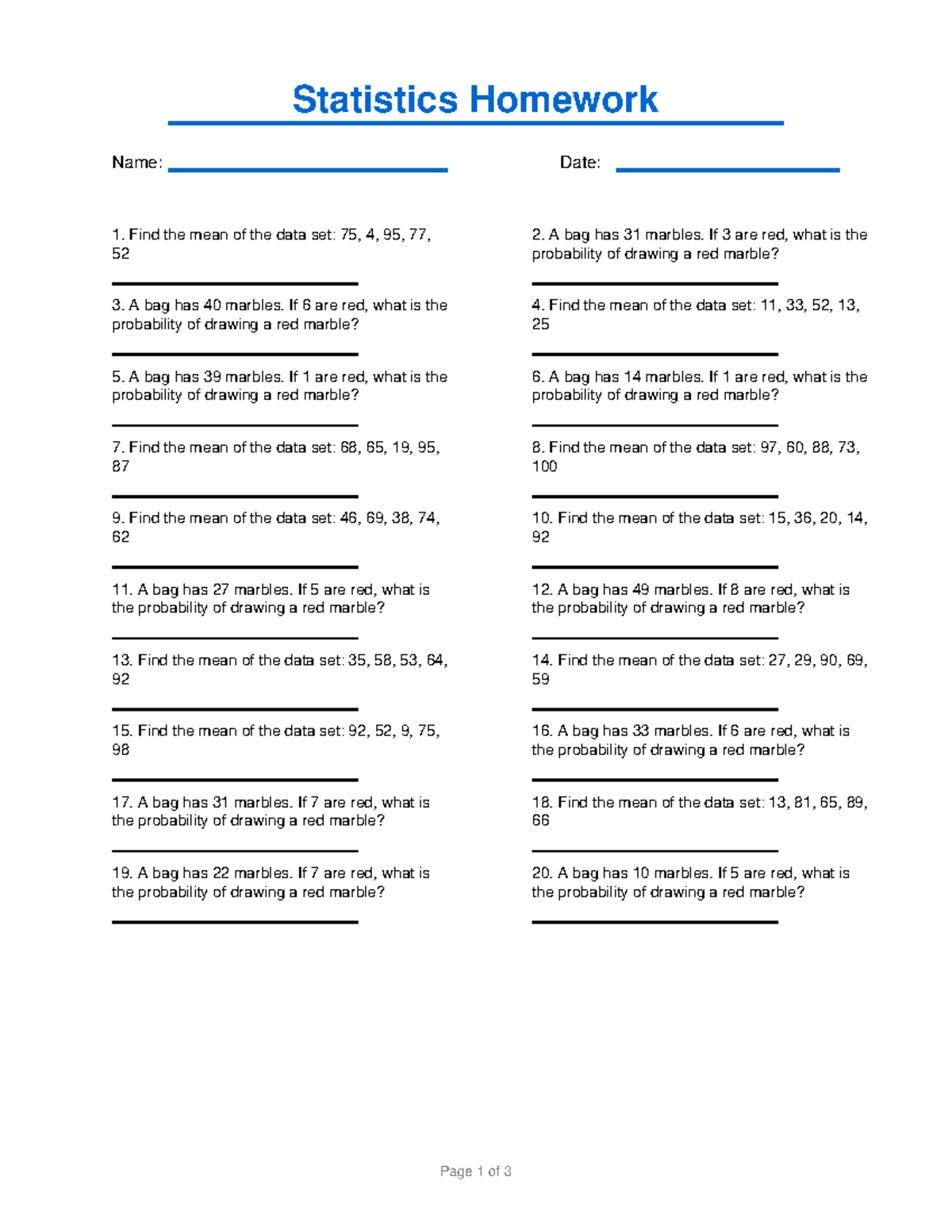 Statistics Homework 10: Mean & Probability Problems - Studocu