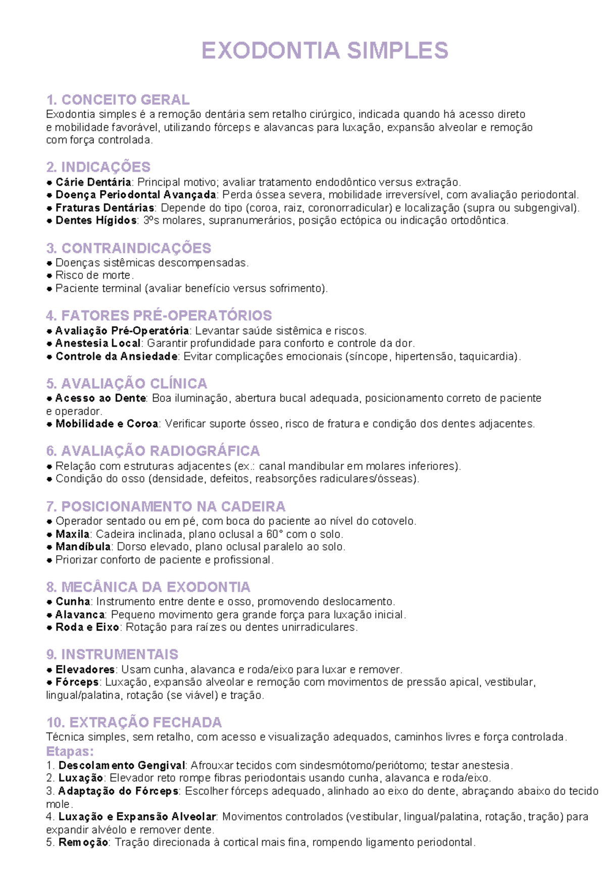 Exodontia Simples: Resumo e Plano de Estudos - Studocu