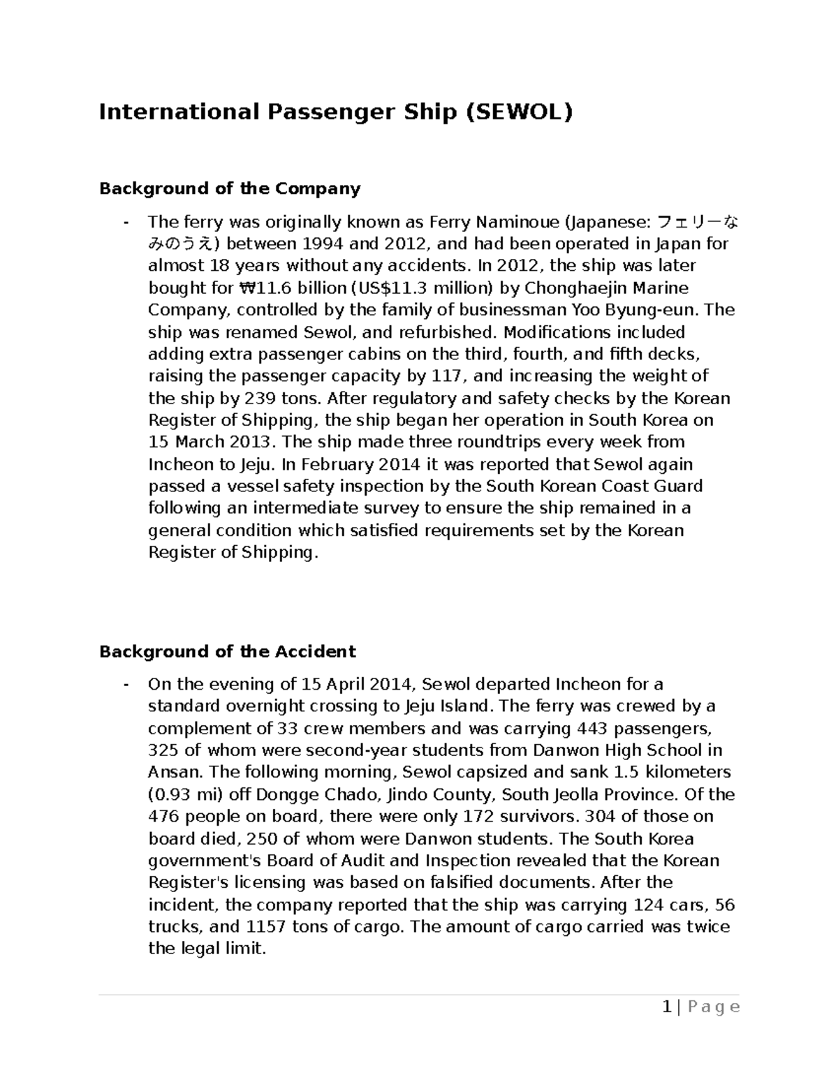 Sewol - Script - International Passenger Ship (SEWOL) Background of the ...