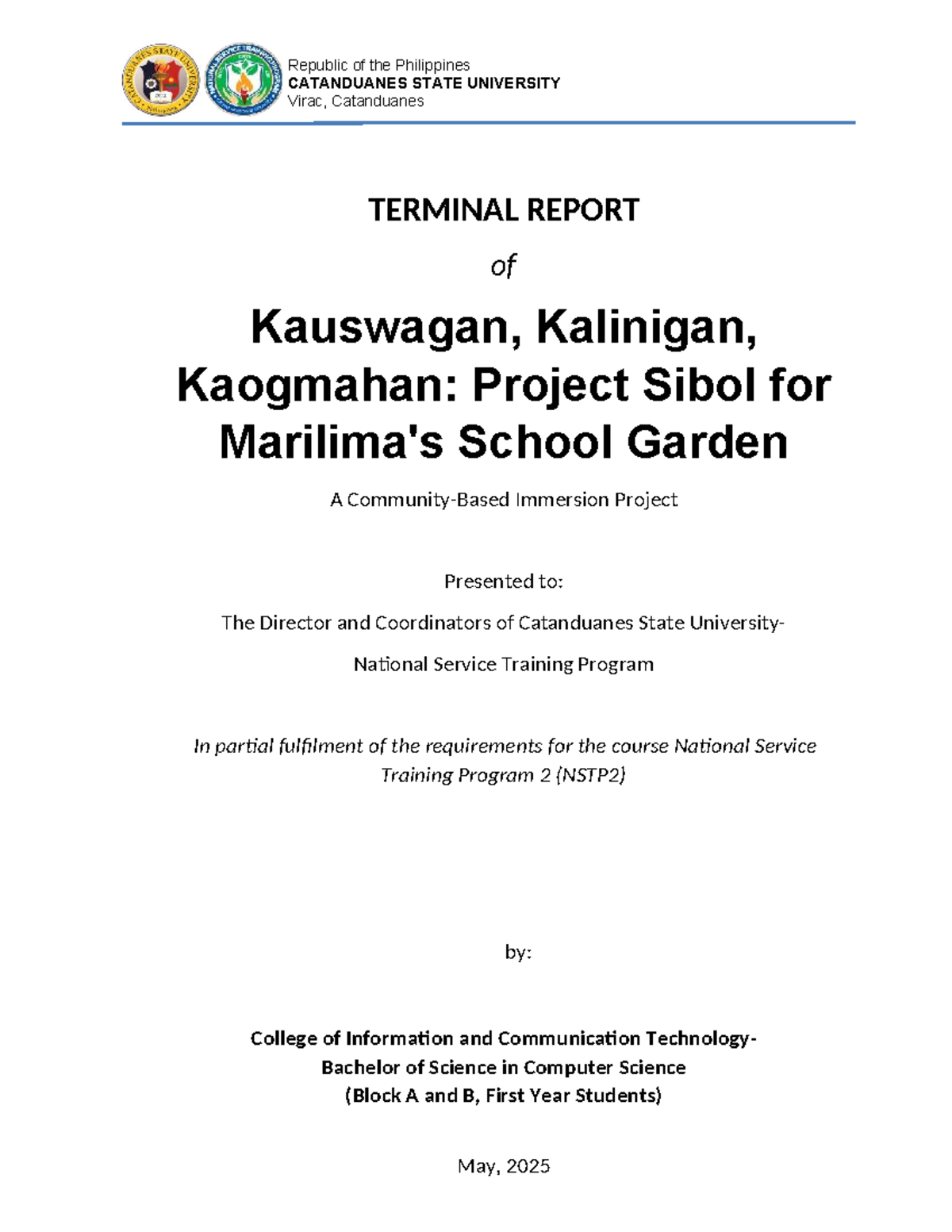 NSTP2 Terminal Report: Project Sibol School Garden Immersion 2025 - Studocu