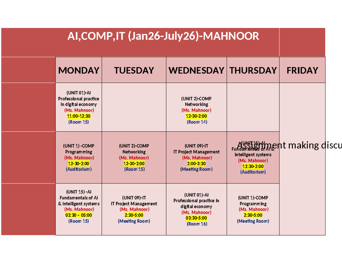 NEW Timetable (Jan 26 - July 26) for AI, COMP, IT Courses - Studocu