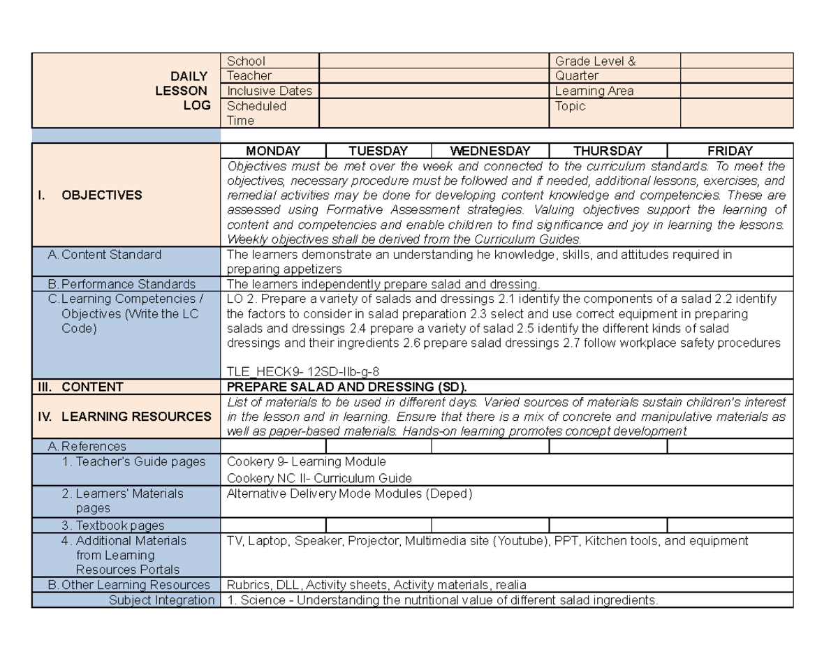 DLL-Cookery 9-Q2-Week 2 Lesson Plan: Preparing Salads & Dressings - Studocu