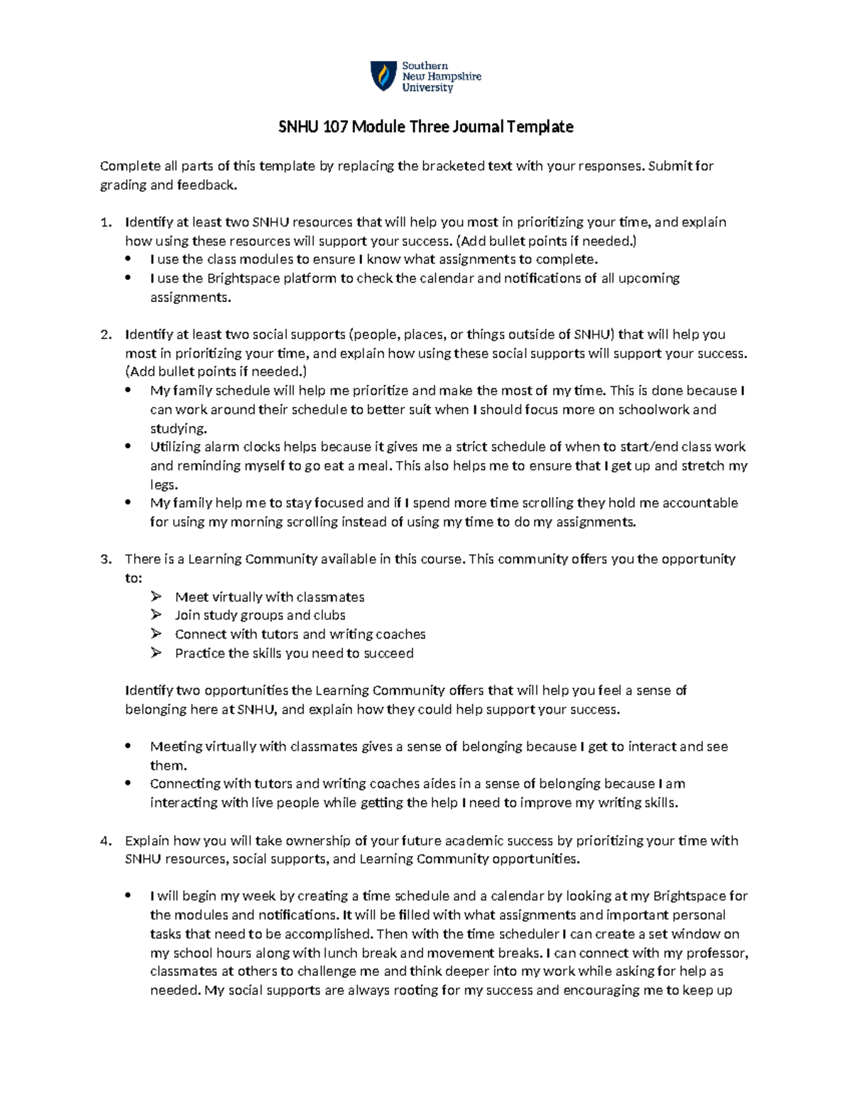 SNHU 107 Module Three Journal: Prioritizing Time for Success - Studocu