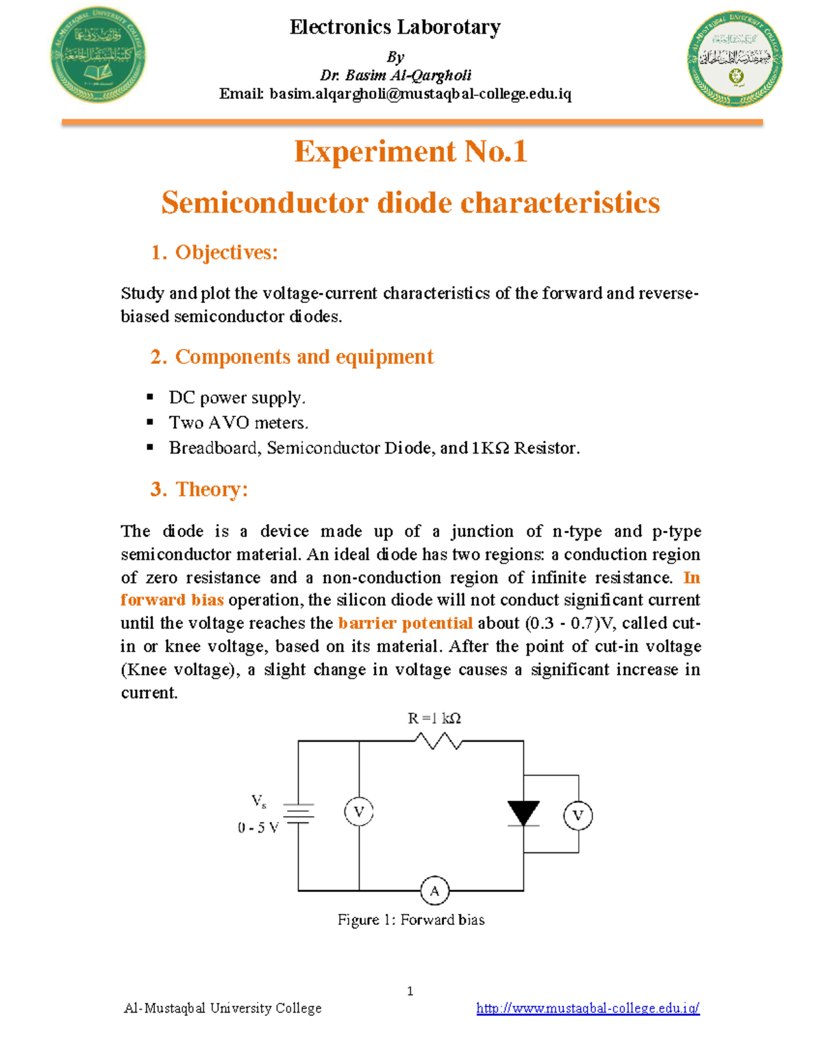 MUCLecture 2024: Experiment No.1 - Semiconductor Diode Characteristics ...