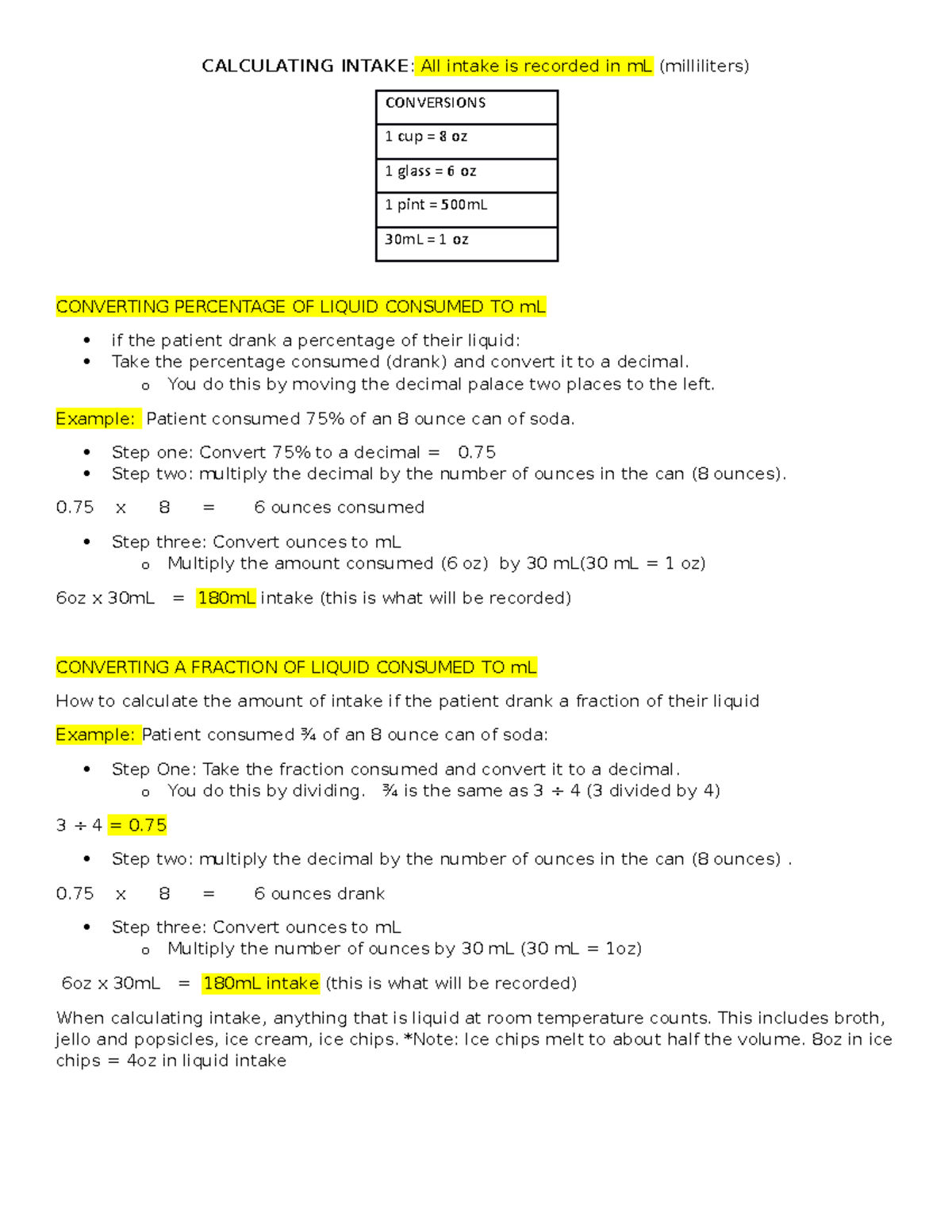 NUR 201: Intake and Output Calculations for Patient Care - Studocu