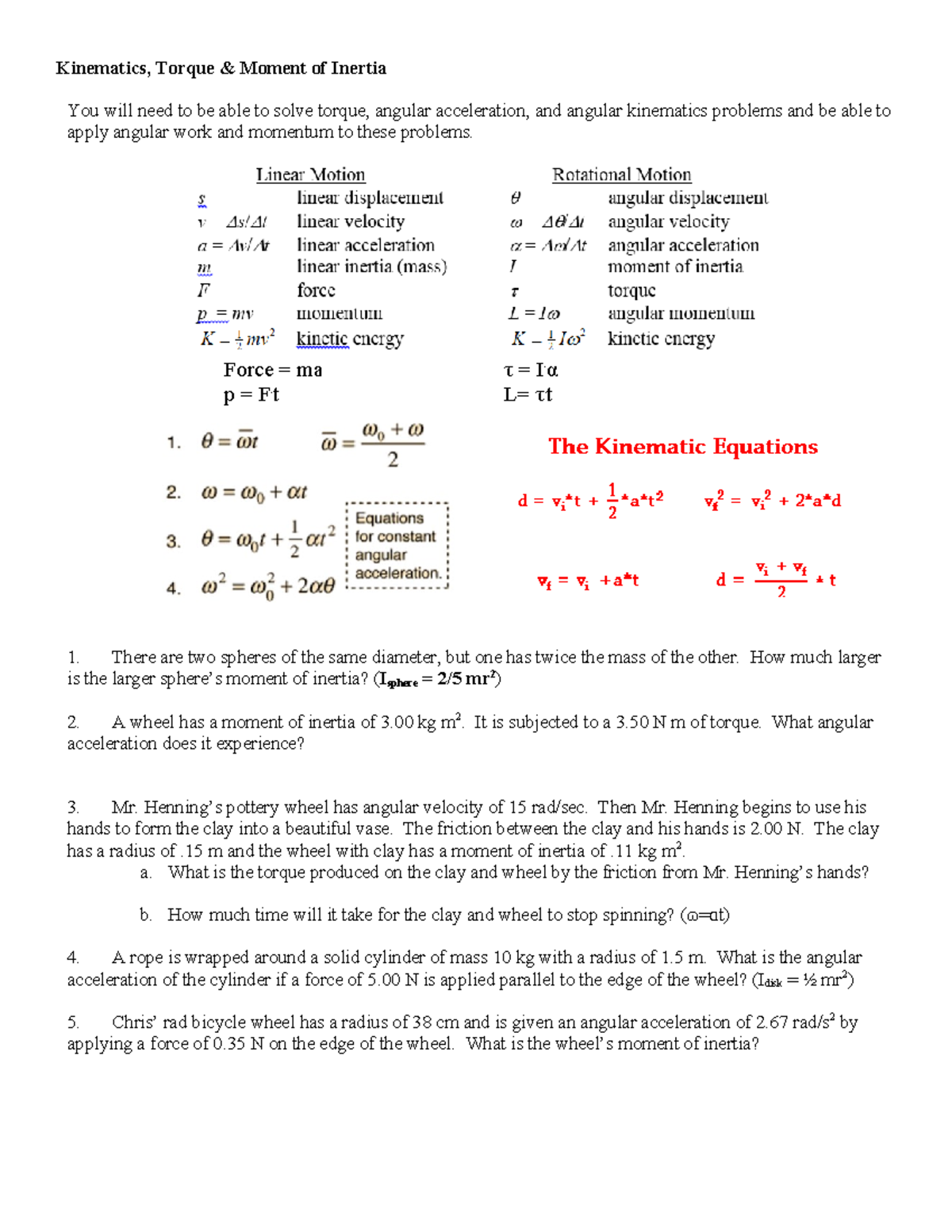 Unit 6: Review Worksheet - Rotation in Kinematics and Torque - Studocu