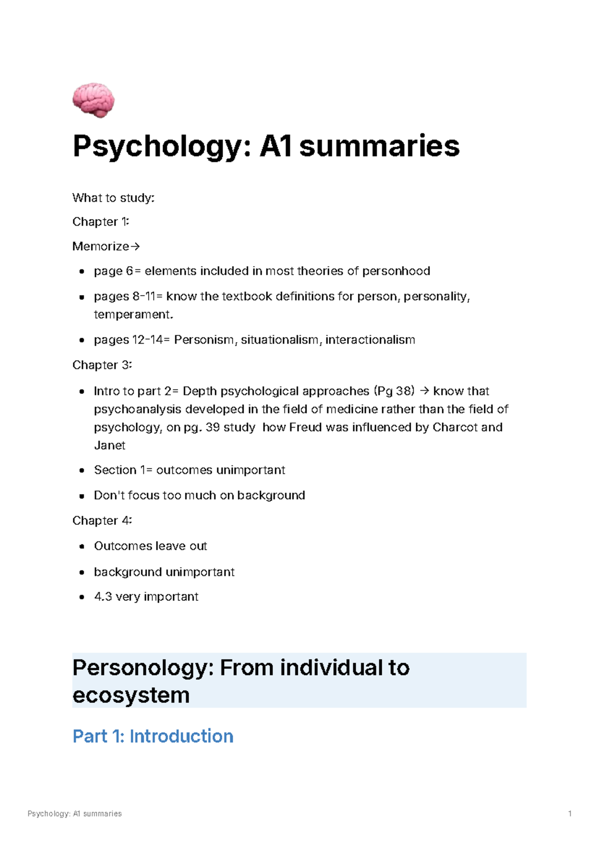 Psychology A1: Summaries of Key Concepts and Theories - Studocu