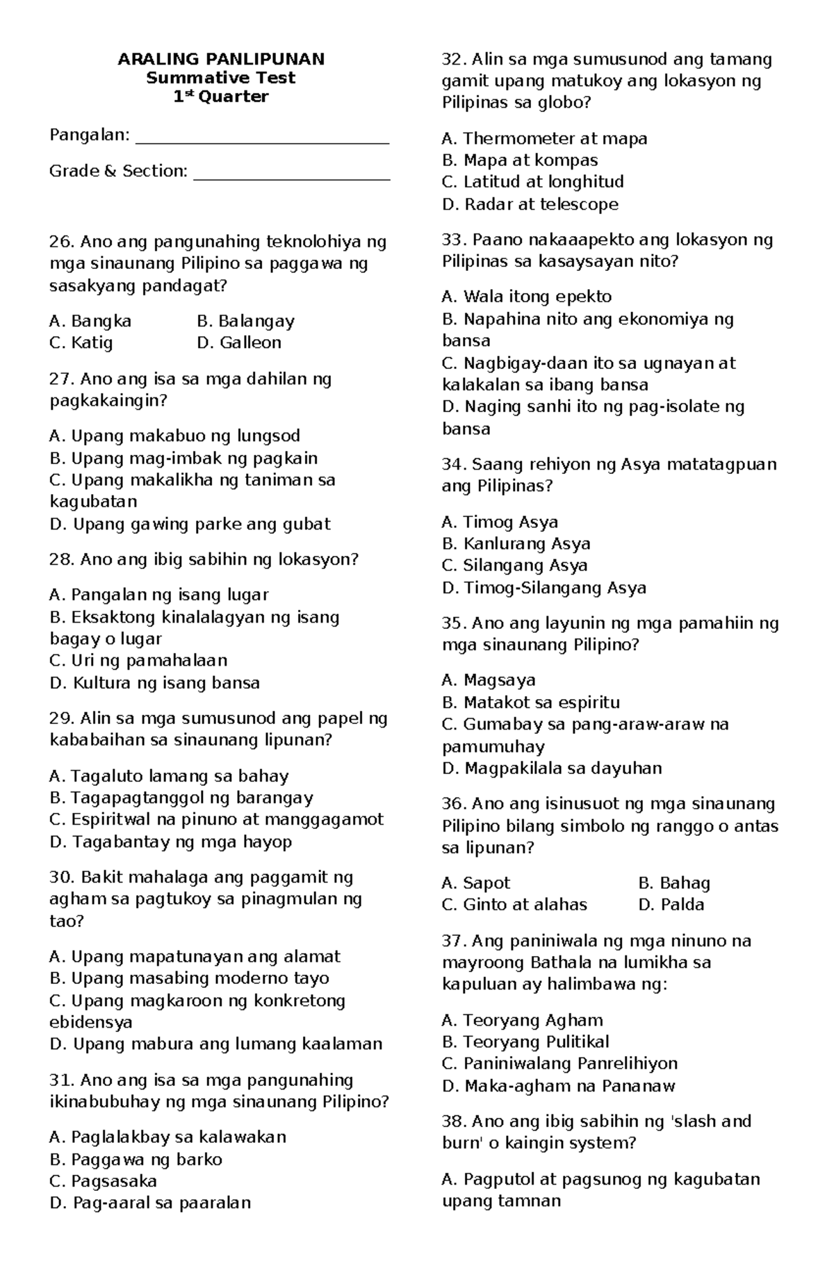 ARALING PANLIPUNAN Summative Test 1st Quarter Review 26-50 - Studocu