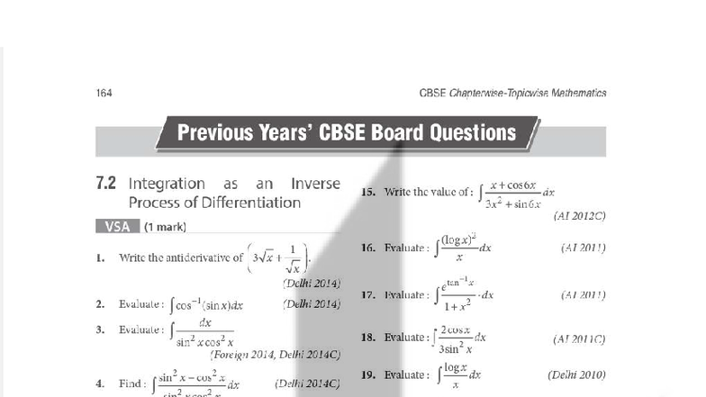 164 CBSE Mathematics Previous Board Questions on Integration Techniques ...