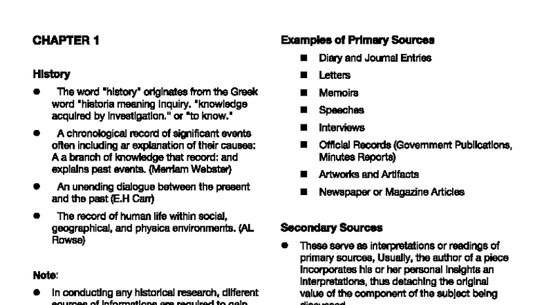 PH History CHAPTER 1: Understanding Primary and Secondary Sources - Studocu
