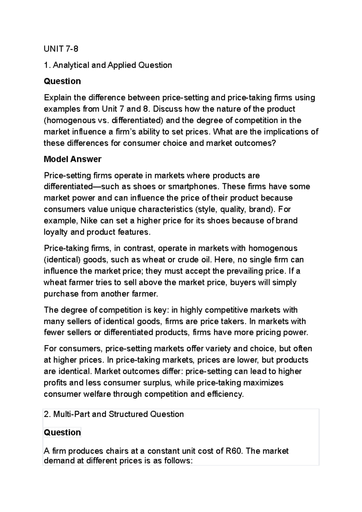 UNIT 7-8 Long Questions: Market Structures & Pricing Dynamics - Studocu