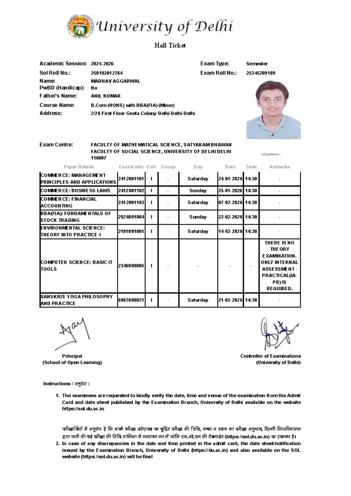 B.Com (HONS) with BBA(FIA) Semester Exam Hall Ticket 2023 - Studocu
