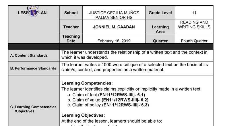 DLL 412829299: Daily Lesson Plan on Claims in Reading & Writing Skills ...