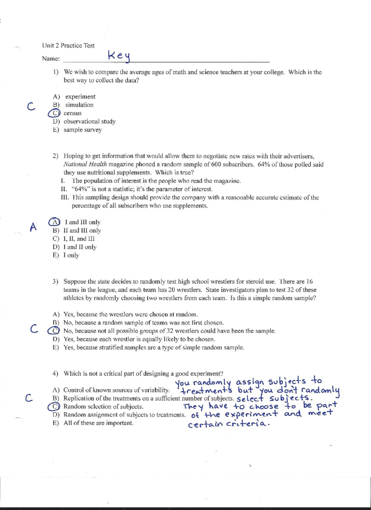 CS101 Unit 2 Practice Test: Data Collection and Experimental Design ...