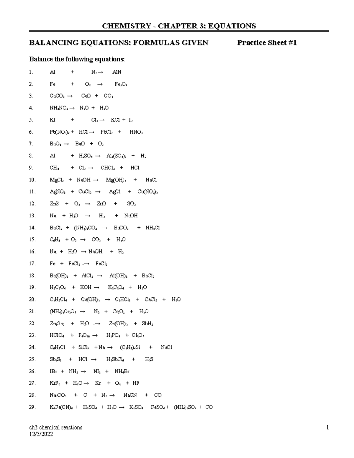 CH 3 Chemical Reaction Worksheet - BALANCING EQUATIONS: FORMULAS ...