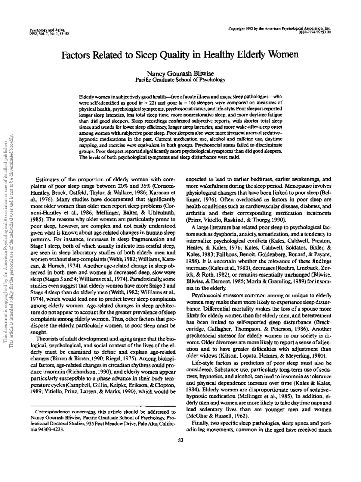Factors Affecting Sleep Quality in Healthy Elderly Women: A Study - Studocu