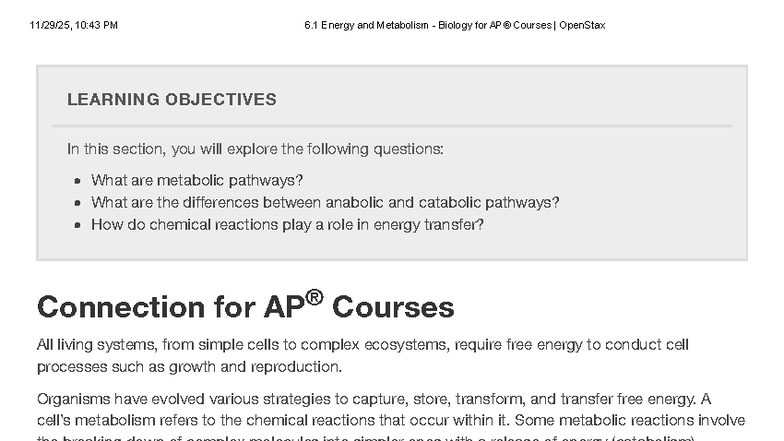 AP® Biology Unit 6: Energy and Metabolism Overview and Key Concepts ...
