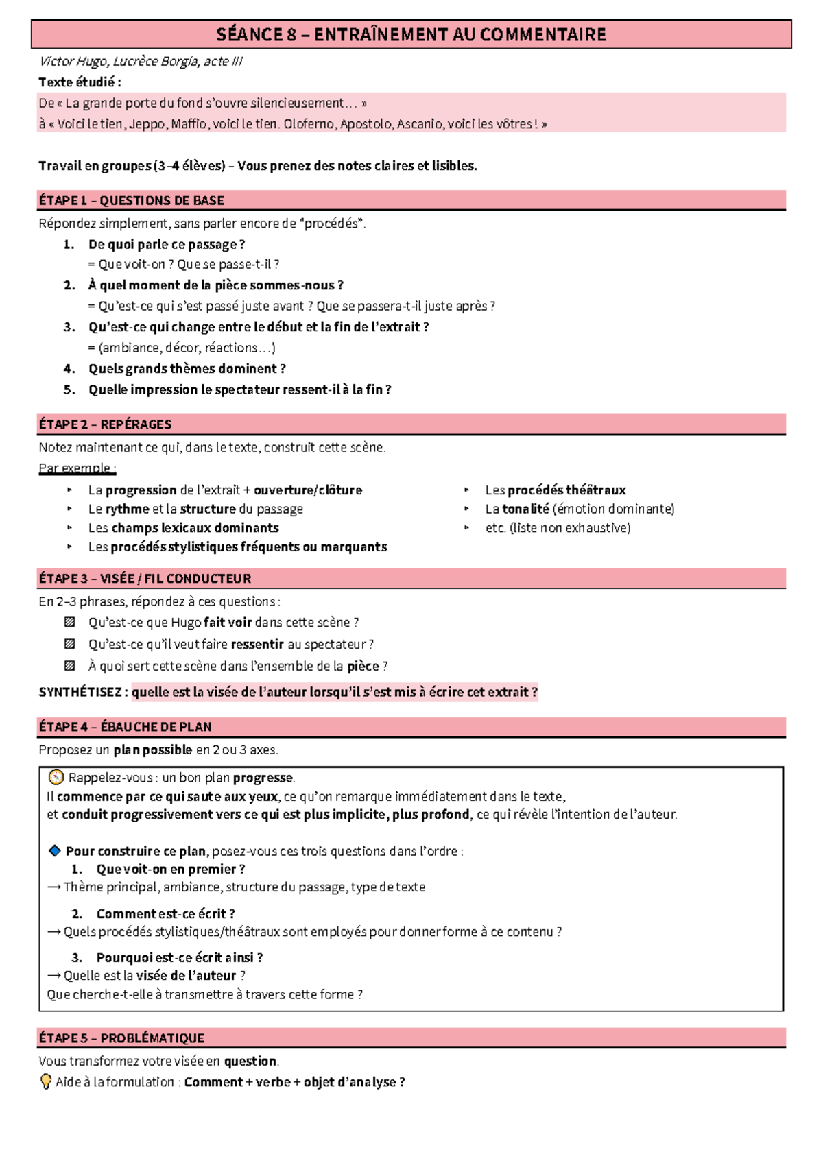 S8 Entraînement au Commentaire sur Victor Hugo, Lucrèce Borgia - Studocu
