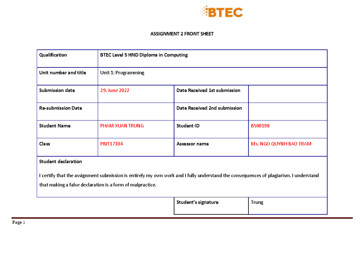 ASM2 Programming - Finish - ASSIGNMENT 2 FRONT SHEET Qualification BTEC ...