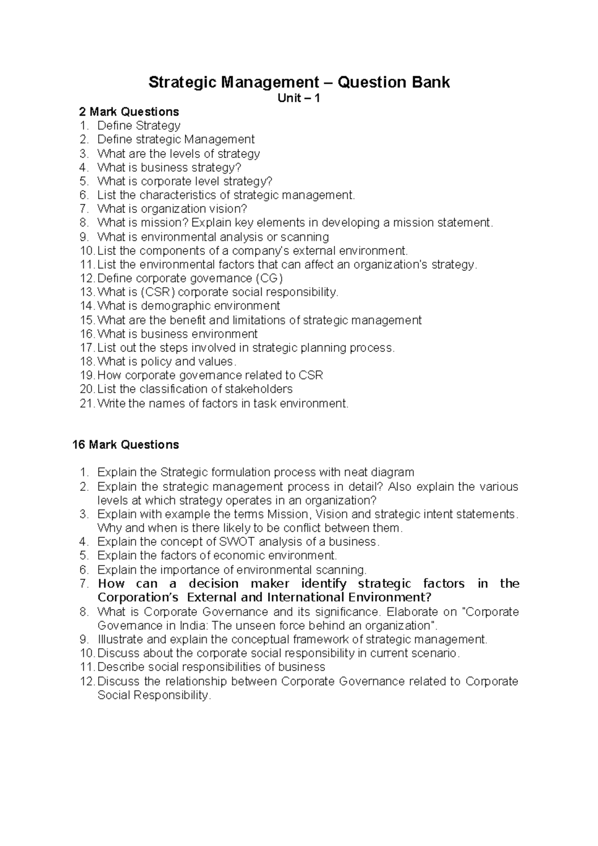 Strategic Management - Comprehensive Question Bank (SM-101) - Studocu