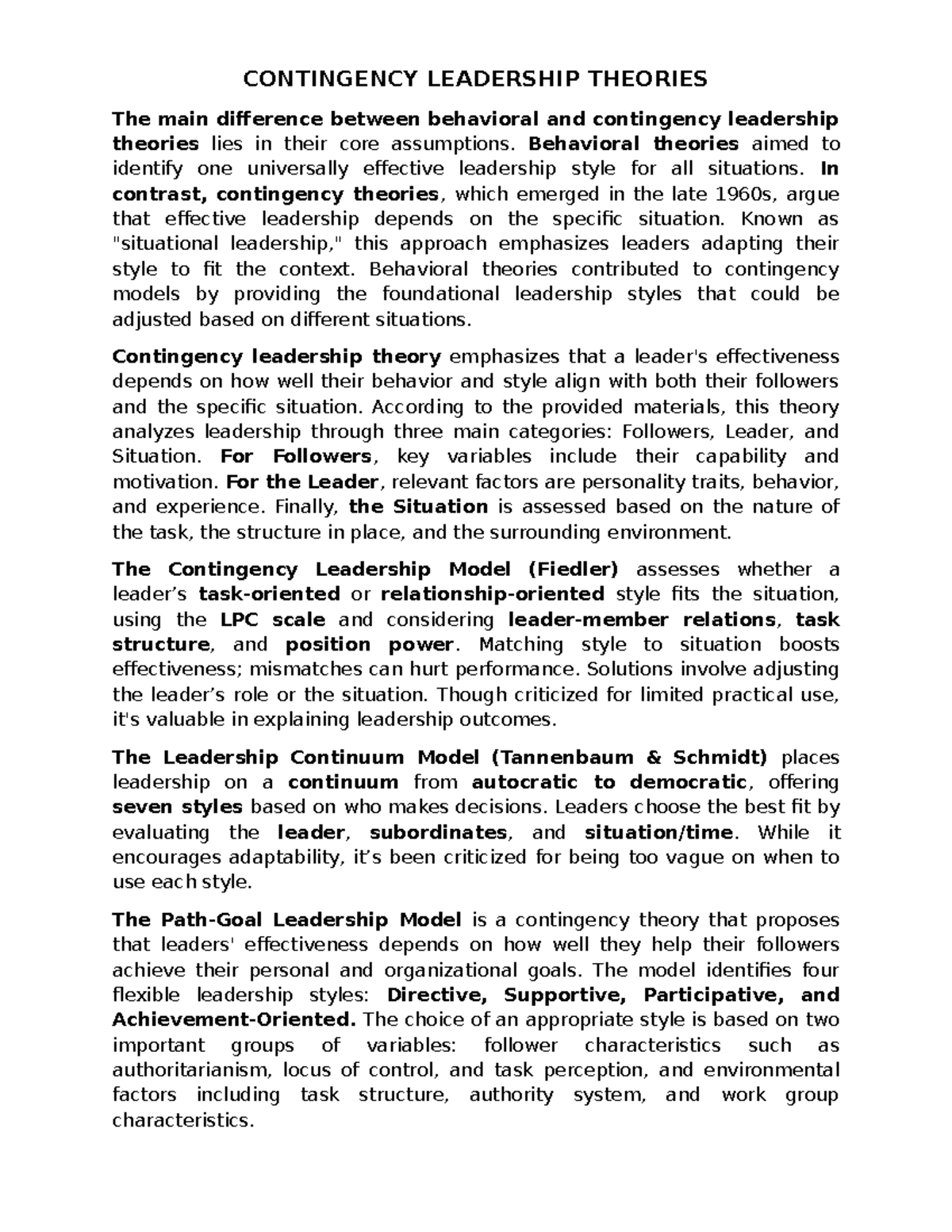 Team 9 - Chapter 4 Summary: Contingency Leadership Theories - Studocu