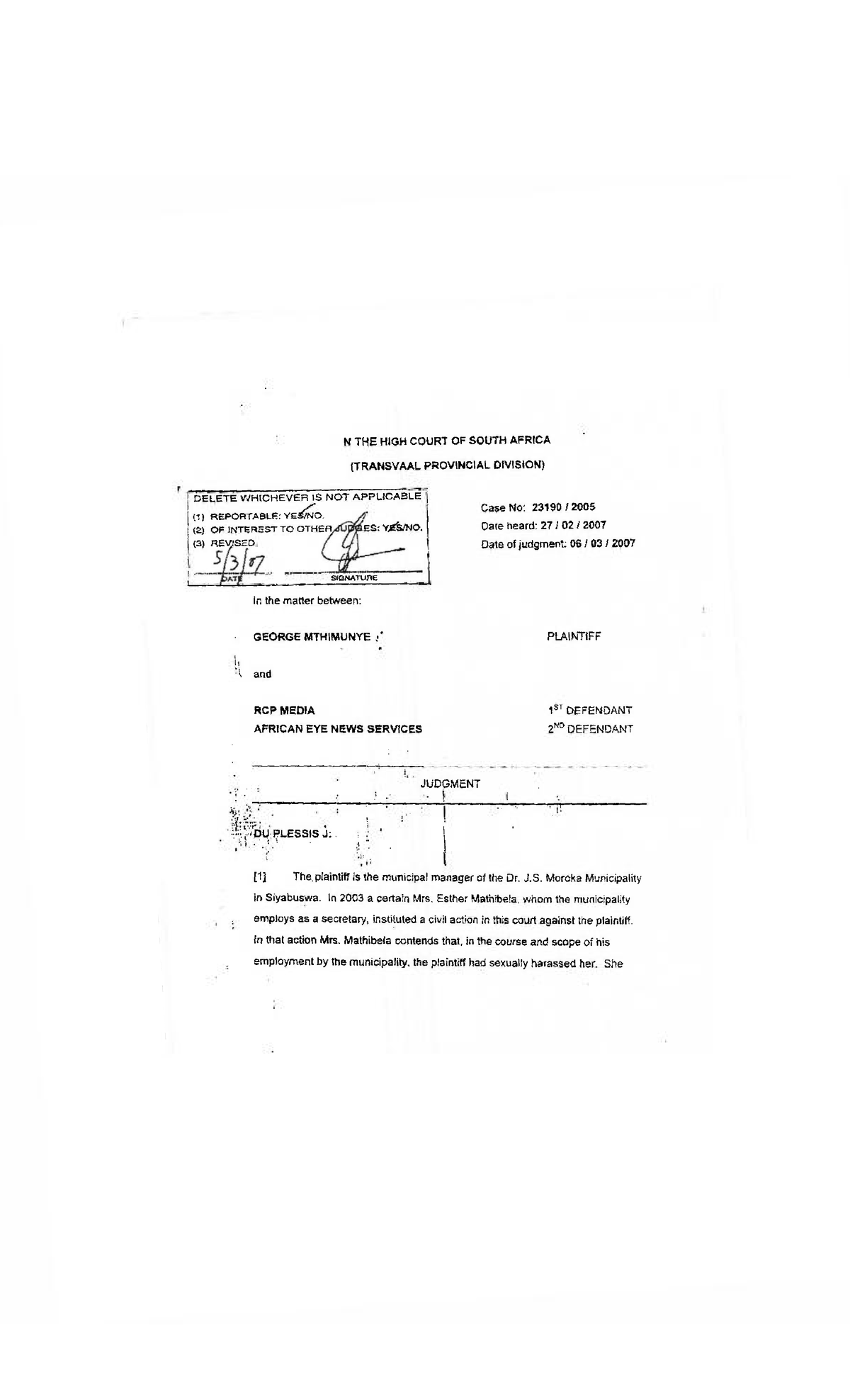 Mthimunye VS RPC Media - AKSDJFH - N T H E HIGH COURT OF SOUTH AFRICA ...