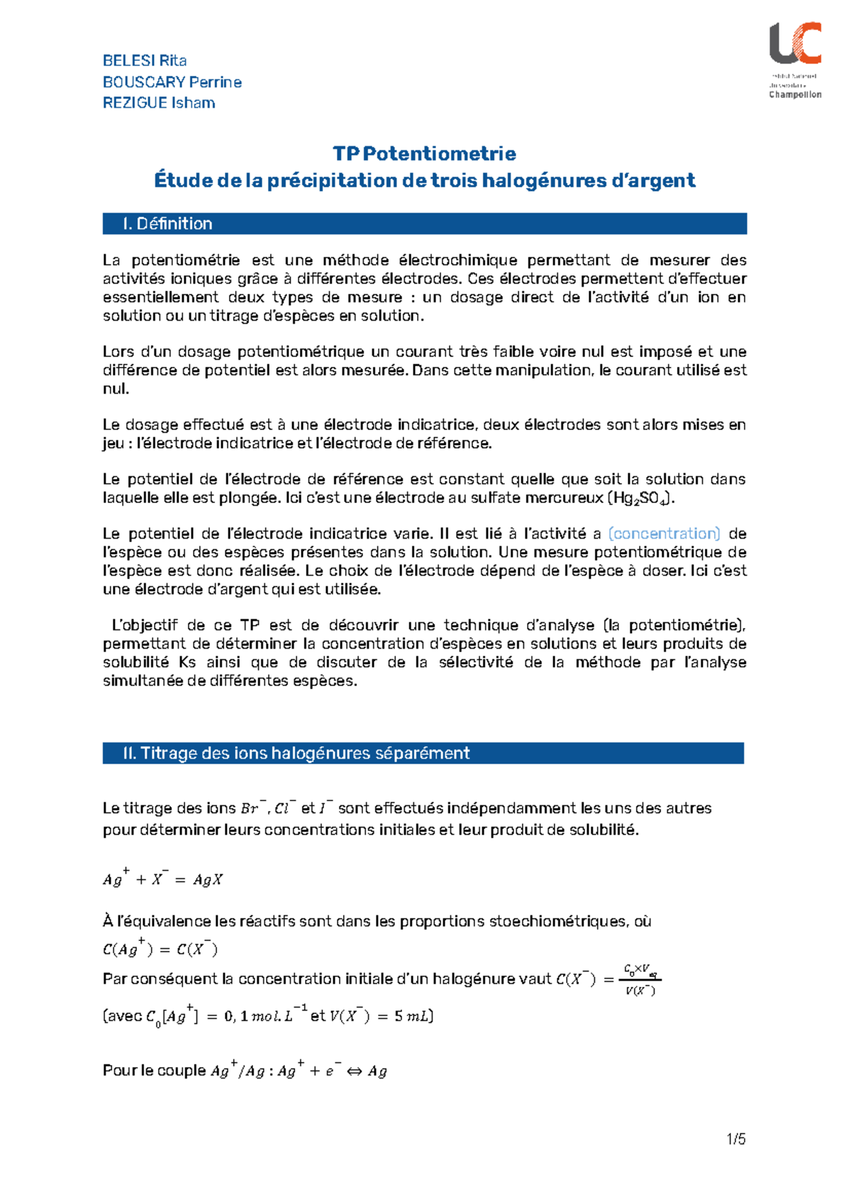 TP Potentiométrie - Électrochimie : Étude des Halogénures d'Argent - Studocu