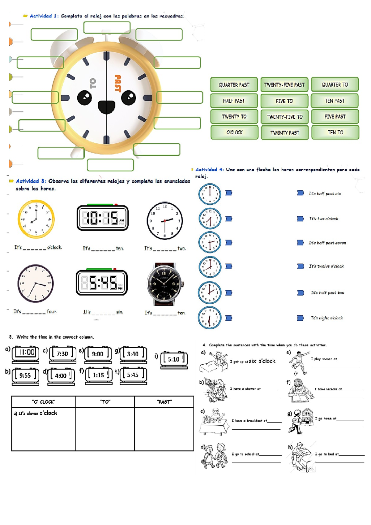 Actividades de Reloj: Completa el Tiempo y las Horas - Studocu