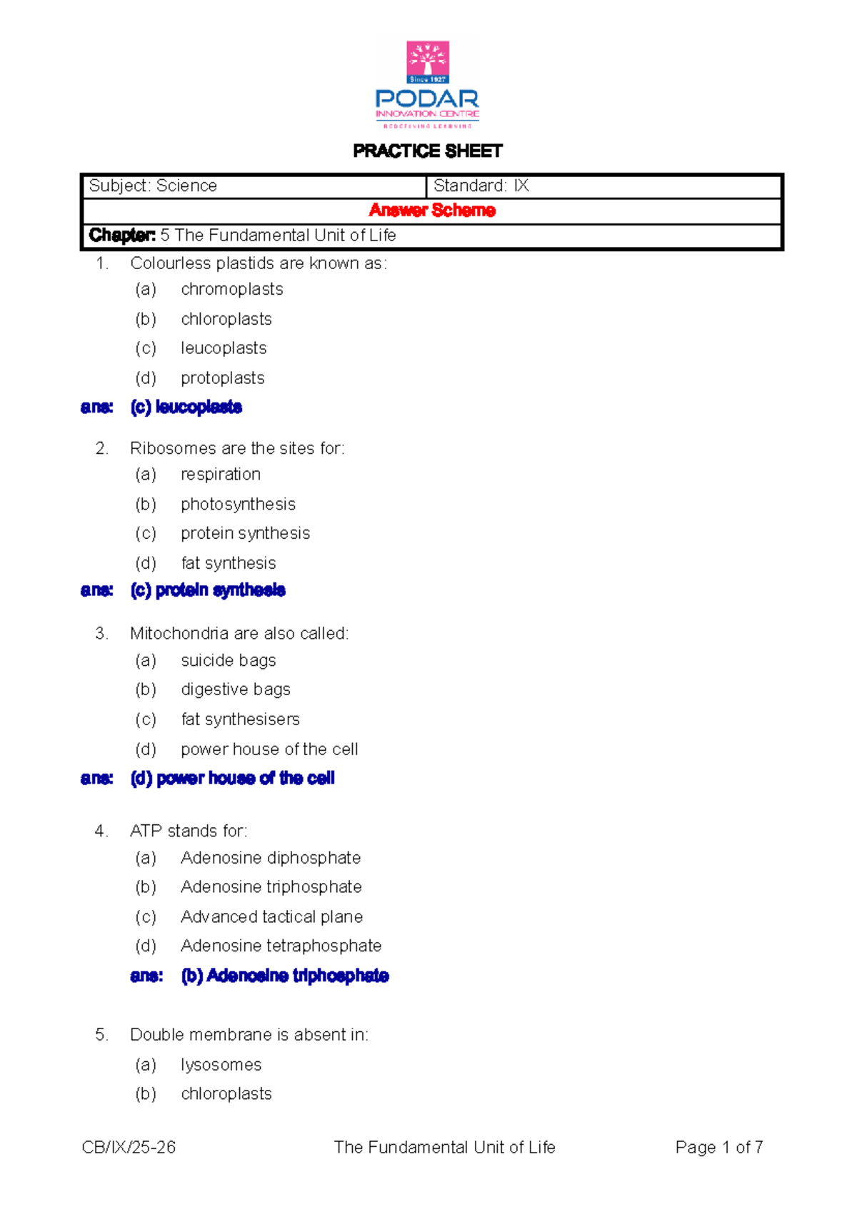 AS PS CB IX Sci: The Fundamental Unit of Life Practice Sheet - Studocu