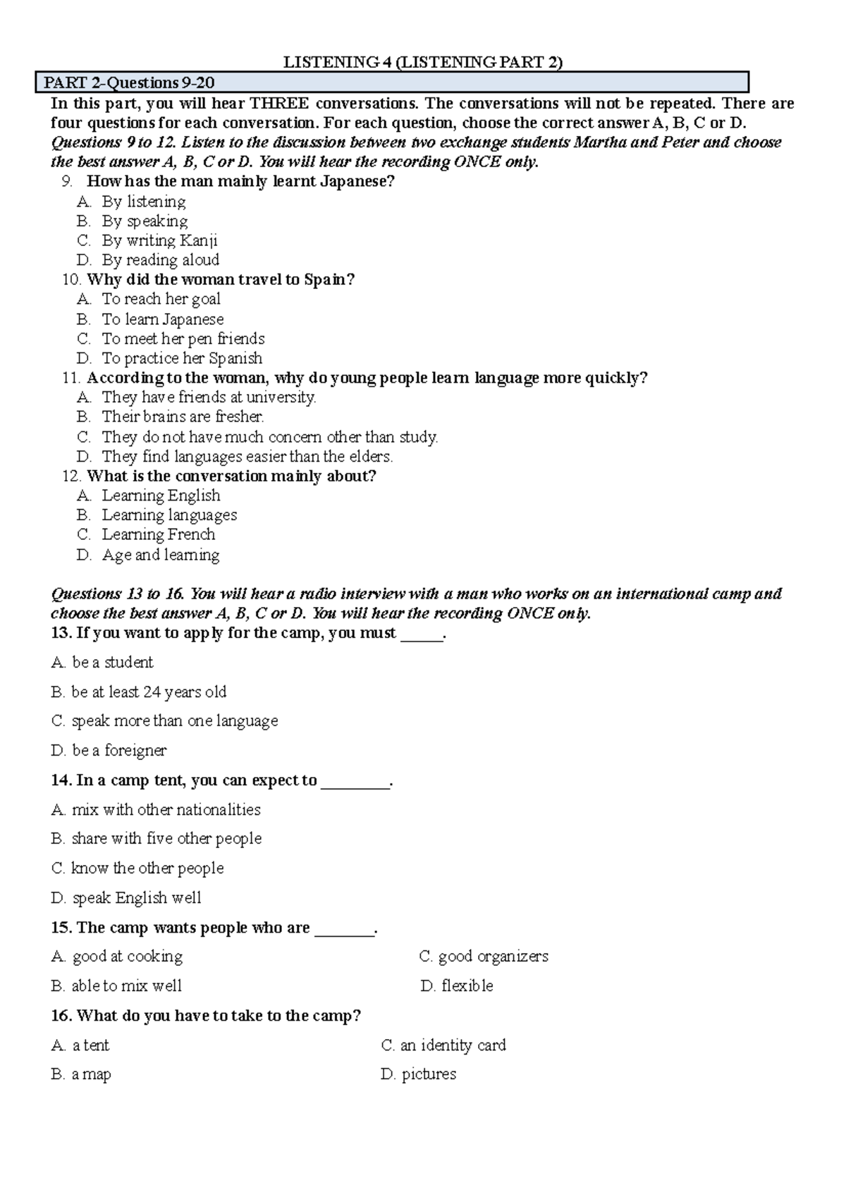 Listening 4 VSTEP: Conversations and Answers with Keys - Studocu