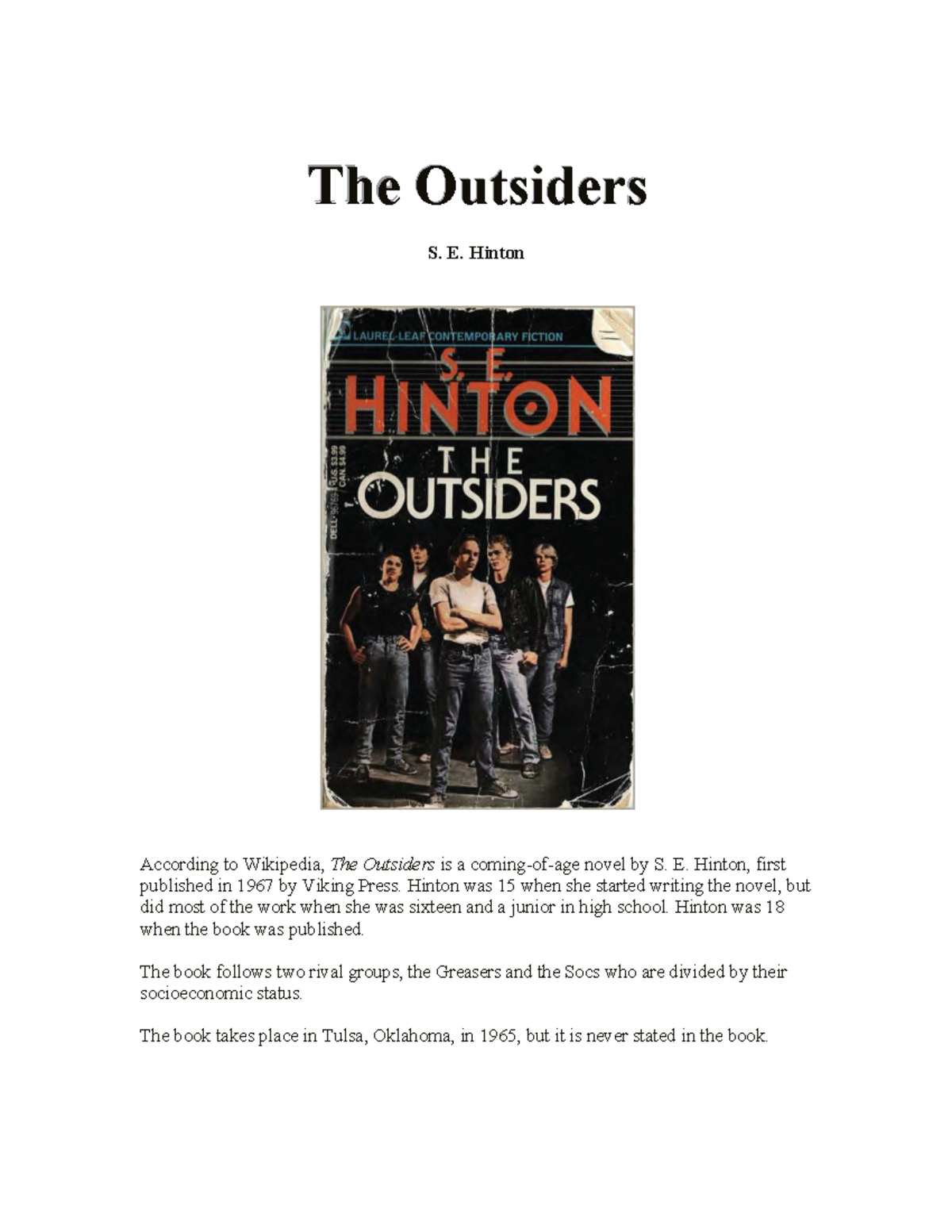 Outsiders Complete Novel Analysis and Chapter Overview - Studocu