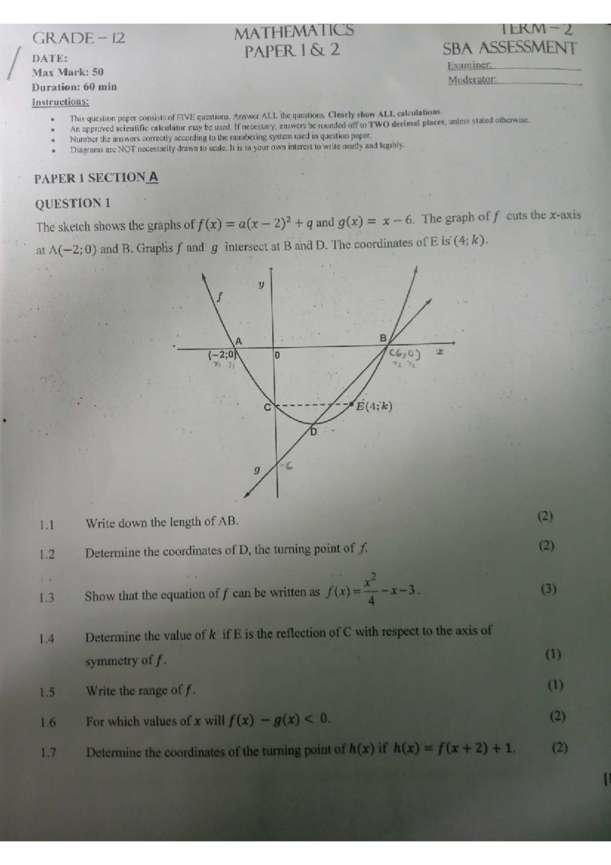 Mathematics Paper SBA Assessment - Max Mark: 50, Duration: 60 min - Studocu