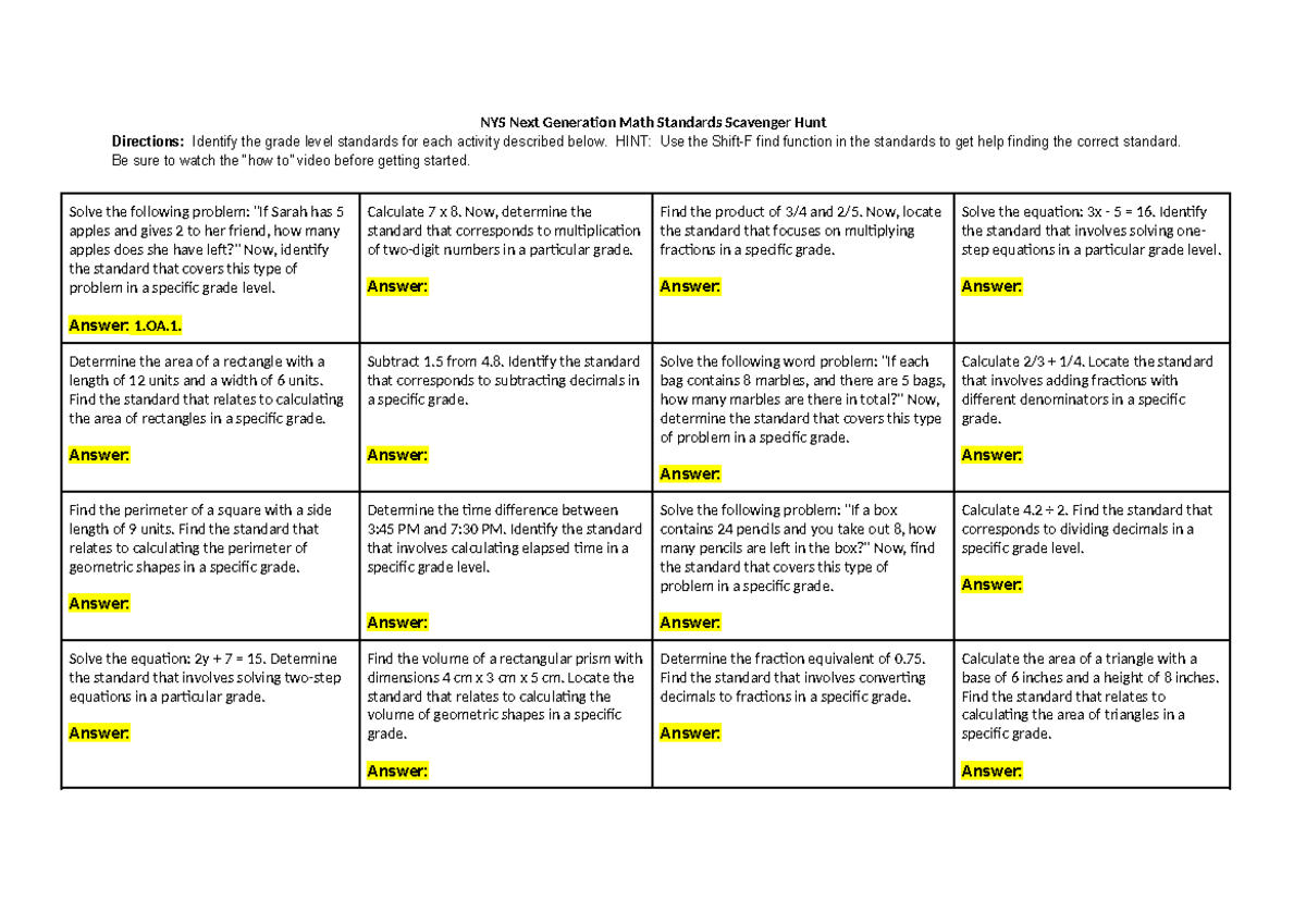 NYS Next Gen Math Standards Scavenger Hunt Activity Guide - Studocu