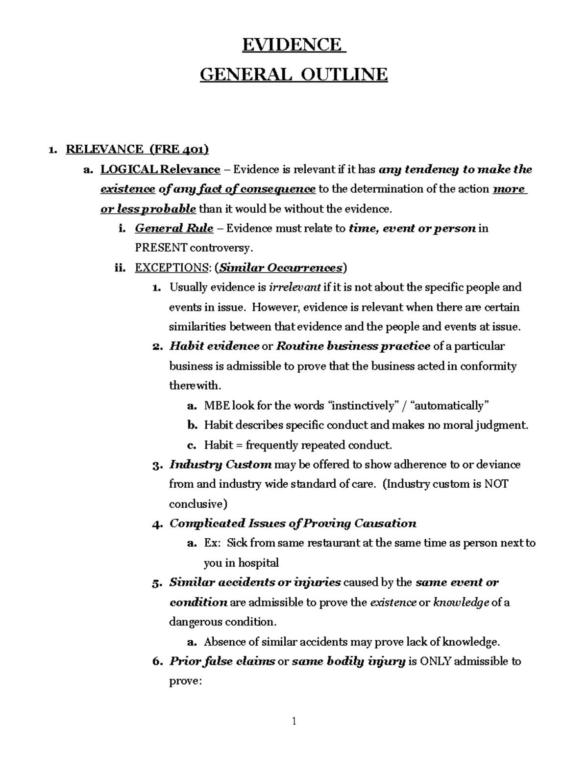 Evidence Relevance General Outline (FRE 401) - Study Notes - Studocu