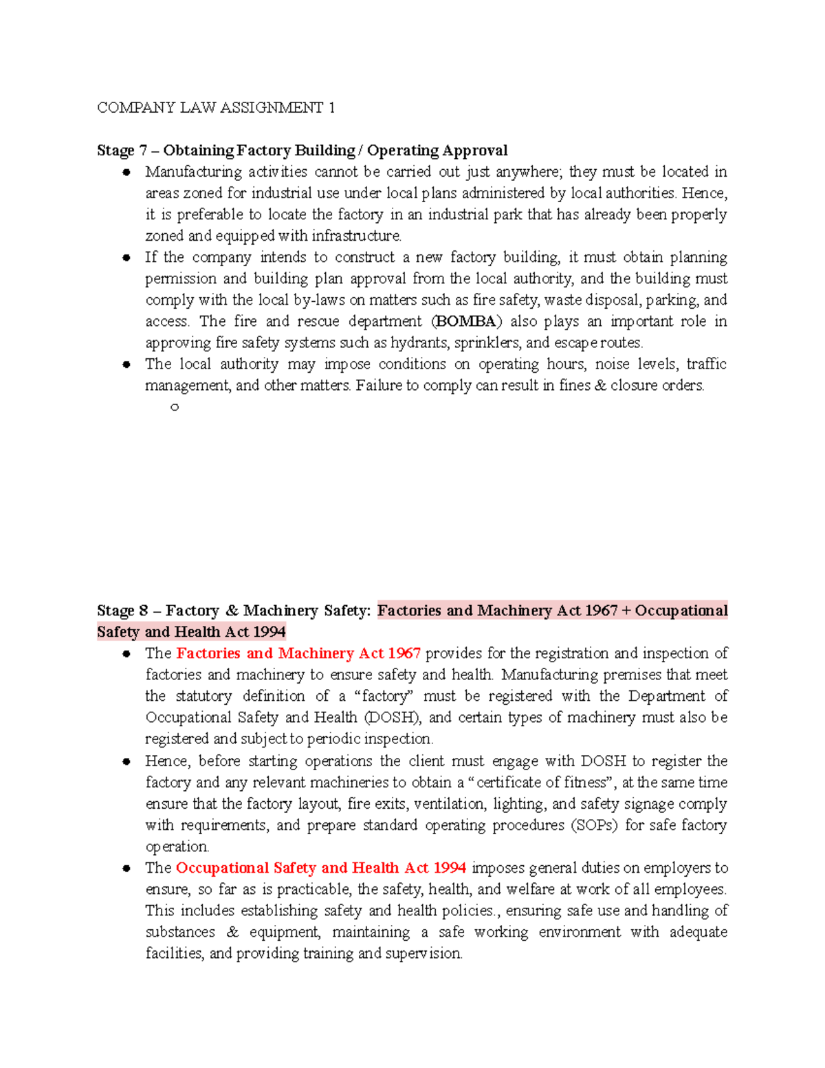 COMPANY LAW ASSIGNMENT 1: Factory Approval & Safety Compliance - Studocu
