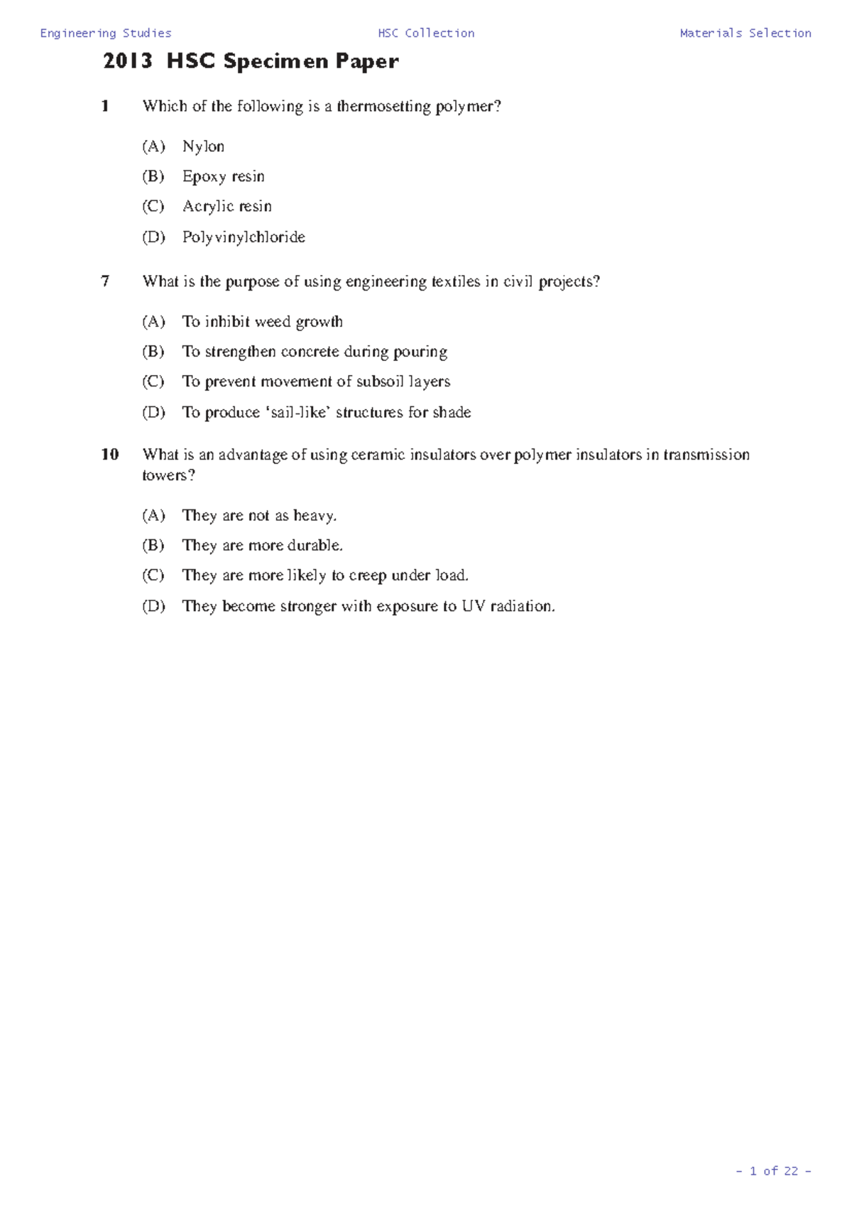 Engineering Studies HSC 2013 Specimen Paper: Materials Selection - Studocu