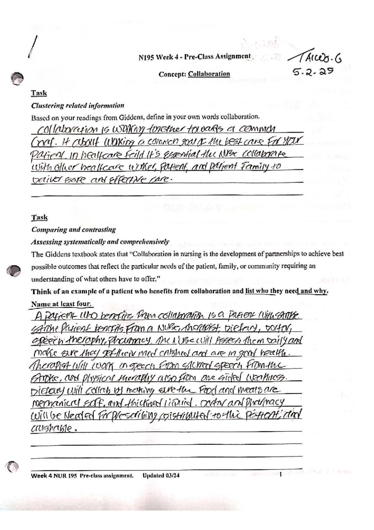 N195 Week 4 Pre-Class Assignment: Collaboration in Healthcare Care ...