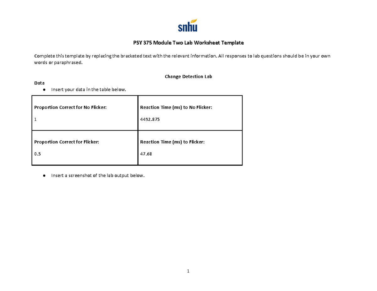 PSY 375 Module Two Change and Stroop Effect Lab Worksheet - Studocu
