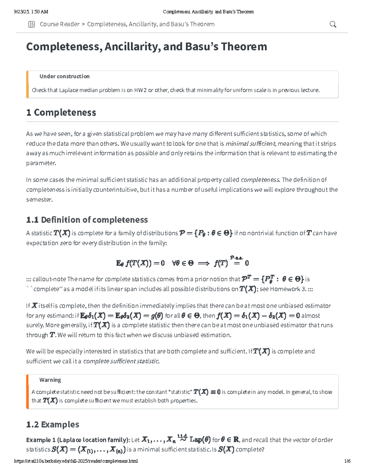 Completeness, Ancillarity, and Basu's Theorem: A Statistical Overview (STAT 101) - Studocu