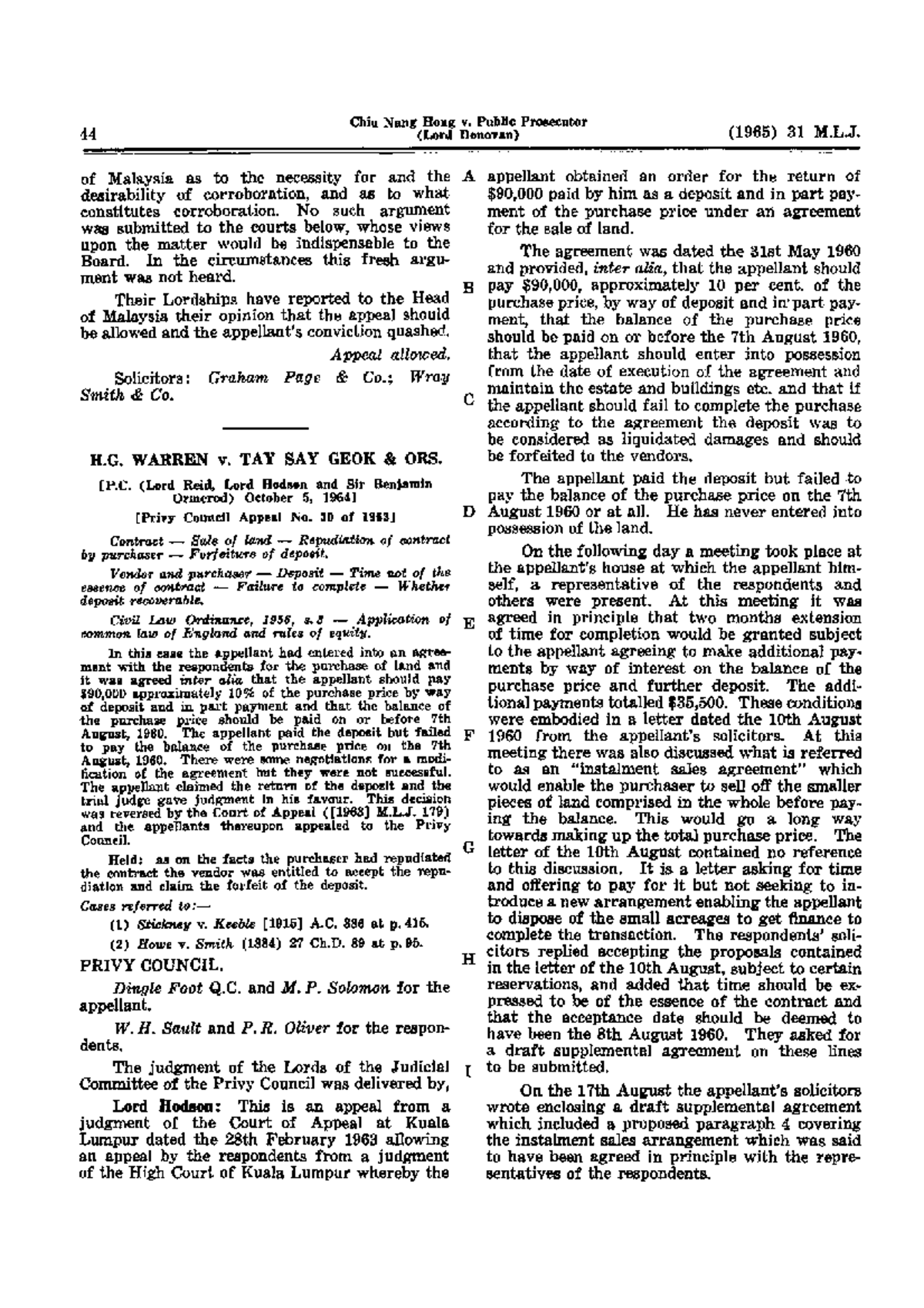 H.G. Warren v. Tay Say Geok & Ors. (1965) 31 M.L.J. - Contract Law ...