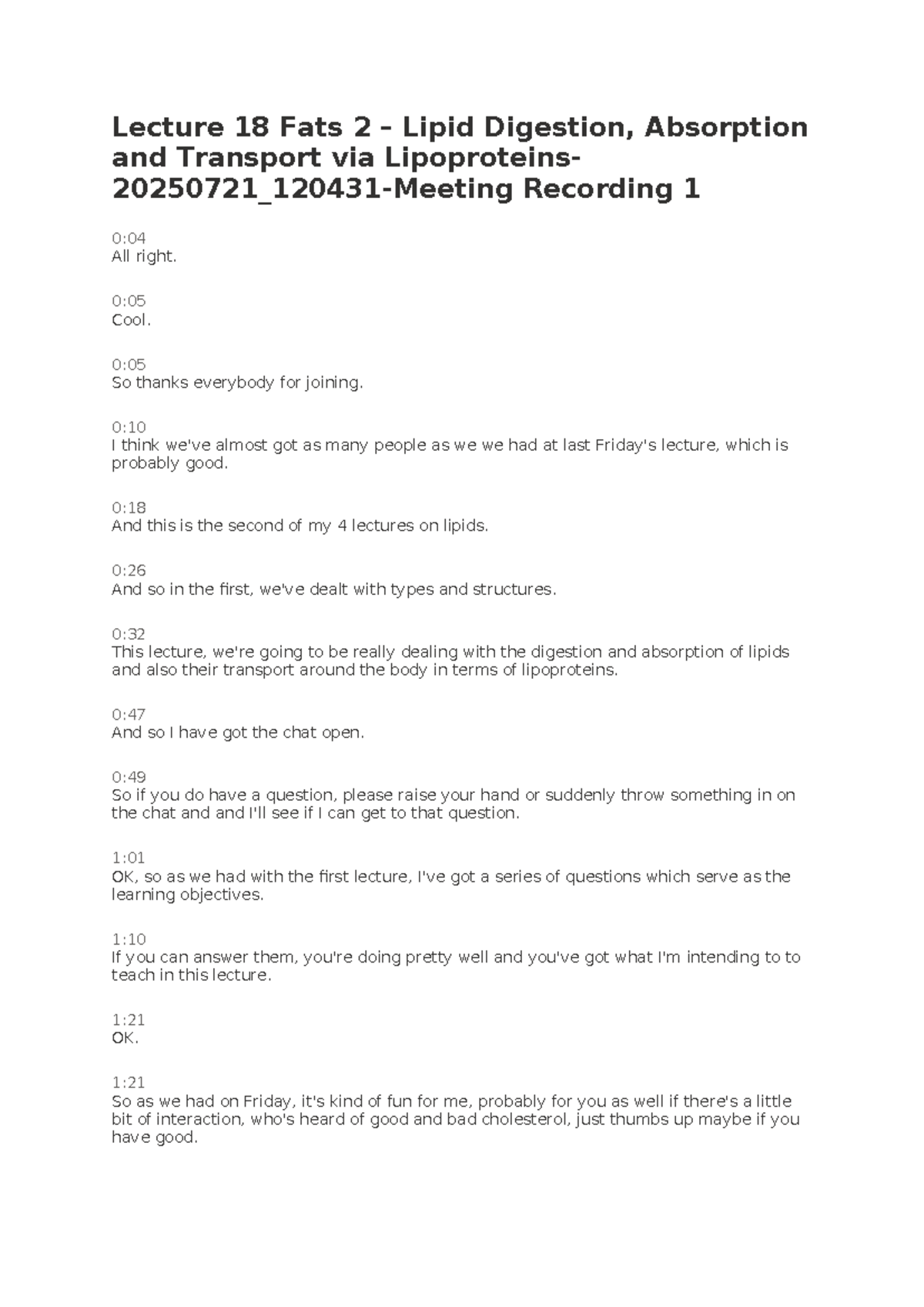 Lecture 18 Fats 2: Lipid Digestion, Absorption & Transport via ...