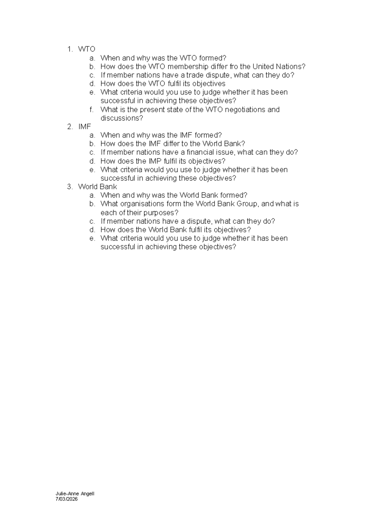 International Organisations Worksheet: WTO, IMF & World Bank Overview ...