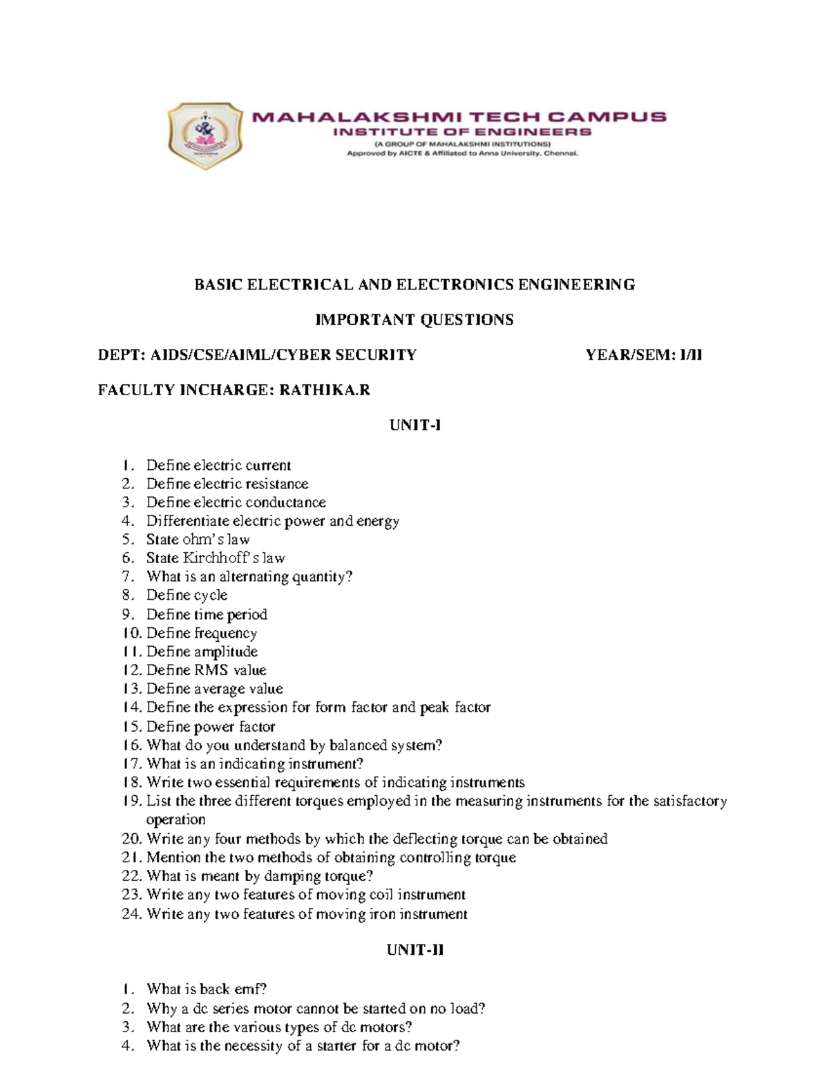 BEEE Important Questions: Electrical & Electronics Engineering - Studocu