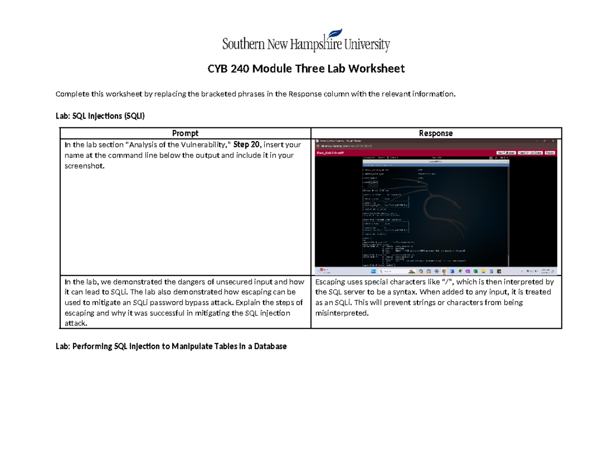 CYB 240 Lab Worksheet: SQL Injection & Security Analysis Activities - Studocu