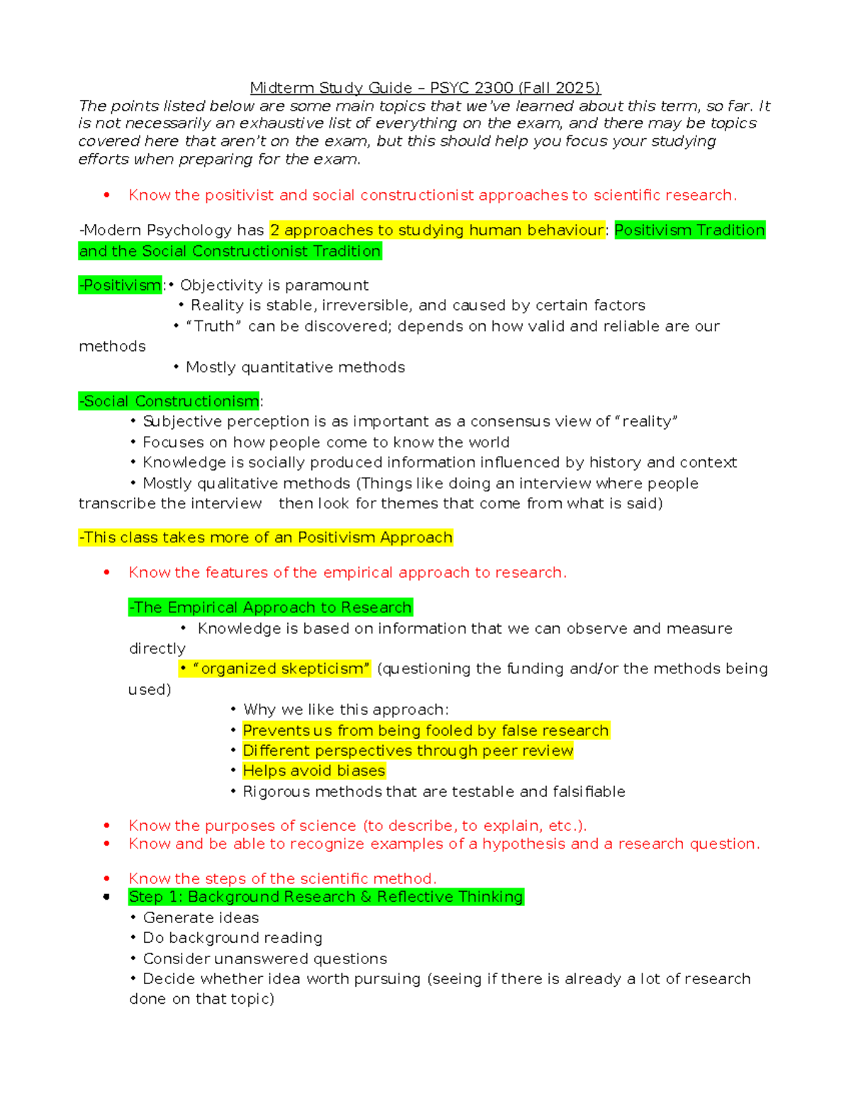 Midterm Study Guide: Research Methods PSYC 2300 (Fall 2025) - Studocu