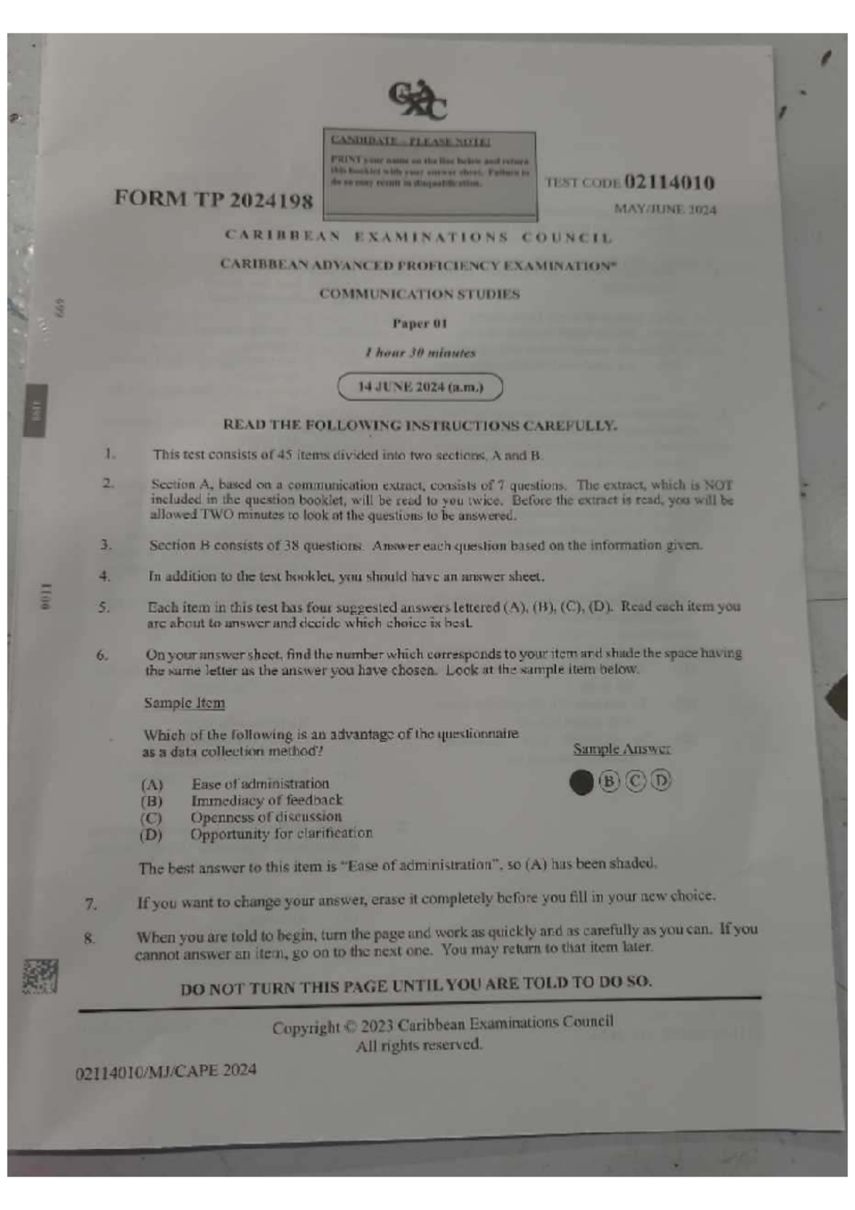 CAPE Communication Studies P01 2024: Test Instructions and Guidelines ...