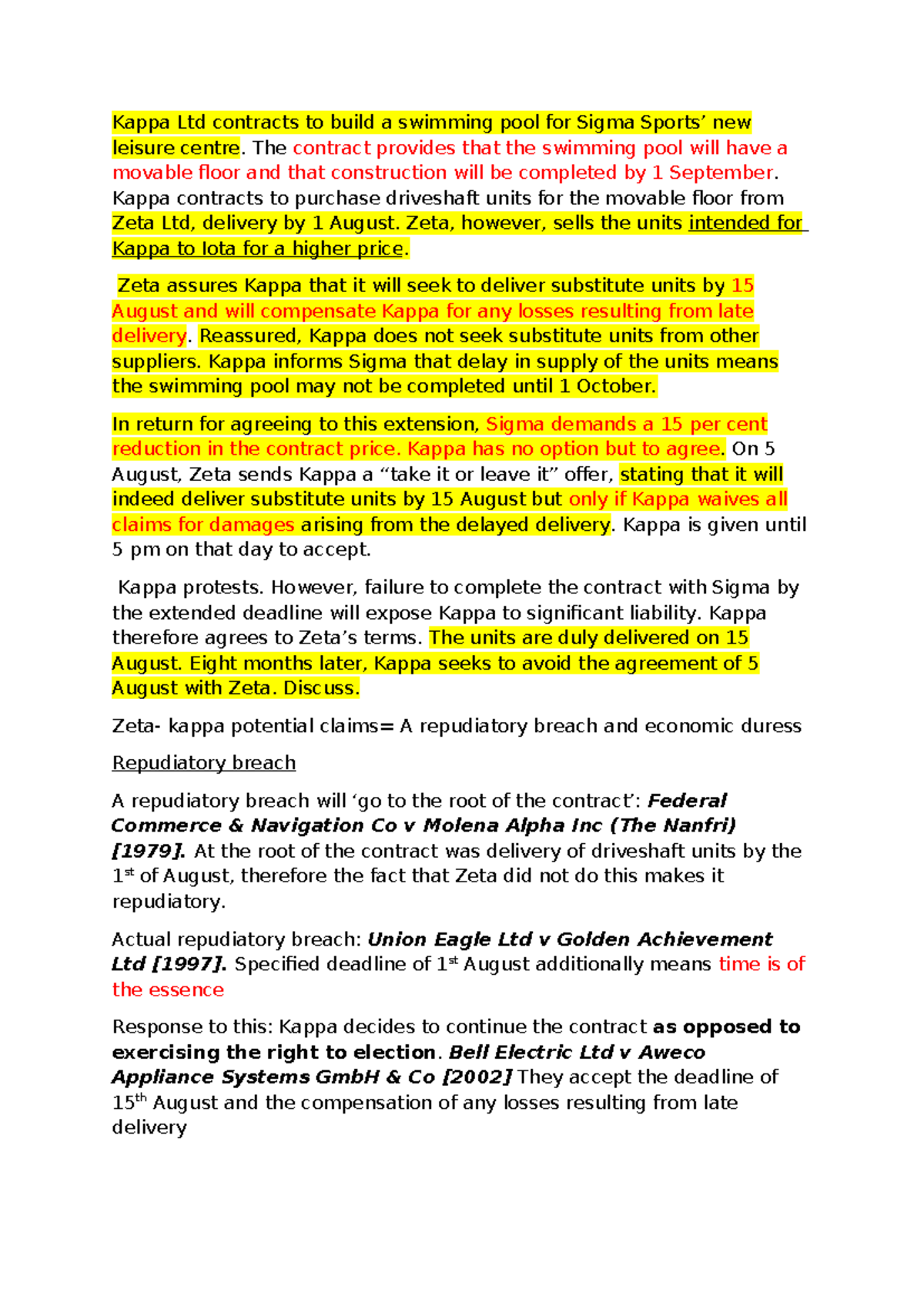 Contract Problem Question Practice: Kappa Ltd vs Zeta Ltd on Economic ...